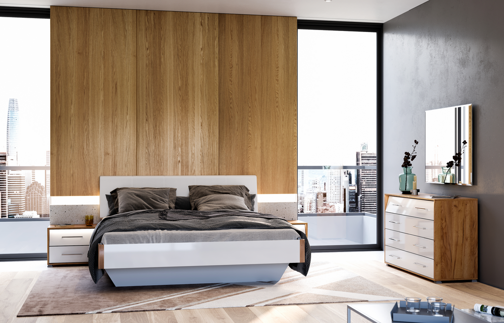 Fehér ágykeret kárpitozott fehér fejvéggel NK37 – Ujbutorshop